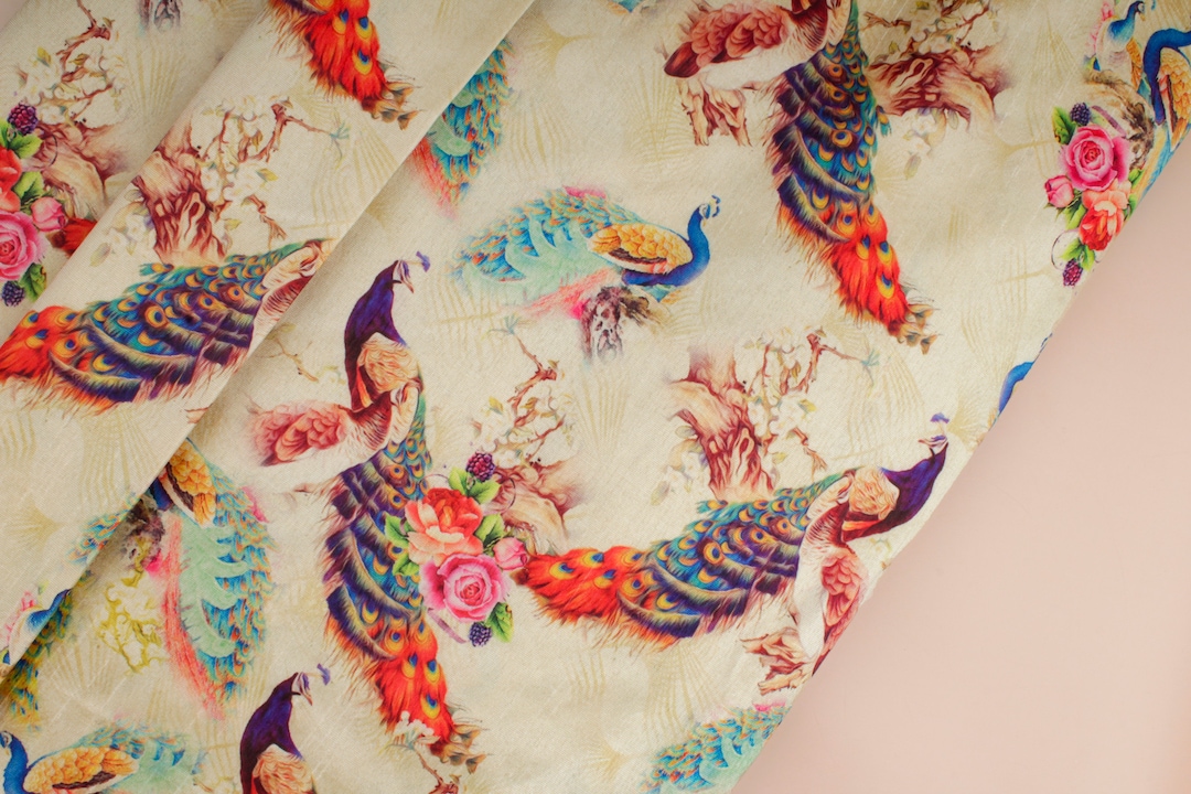 Peacock Print Fabric, Blend Silk Fabric, Watercolour Print Fabric ...
