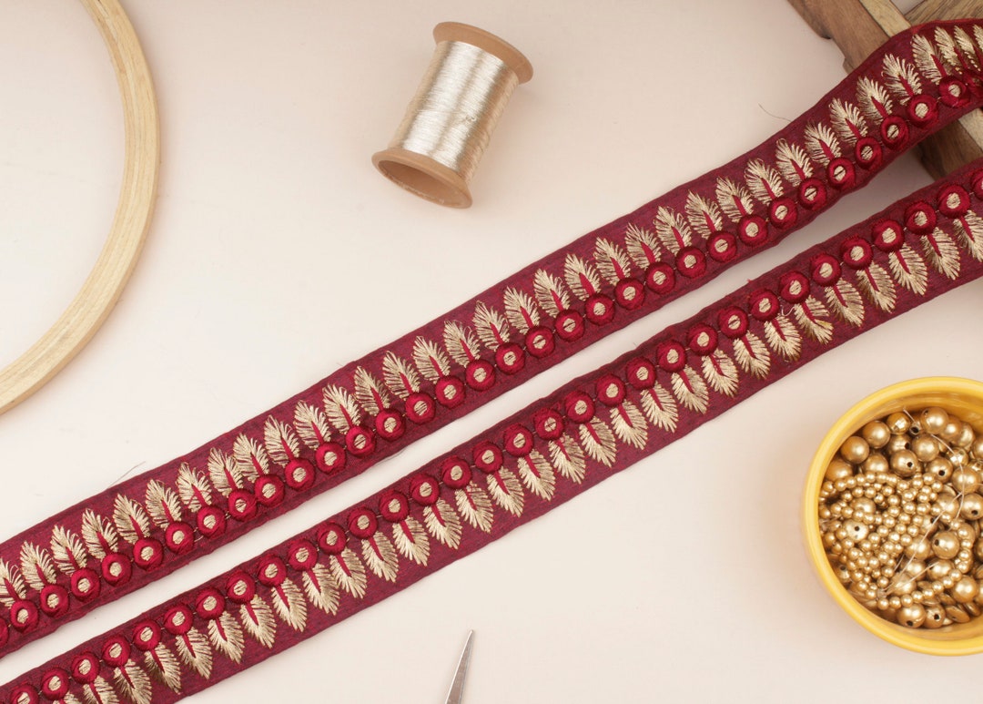 Crimson Red and Gold Trim Embroidered Floral Trim Indian - Etsy