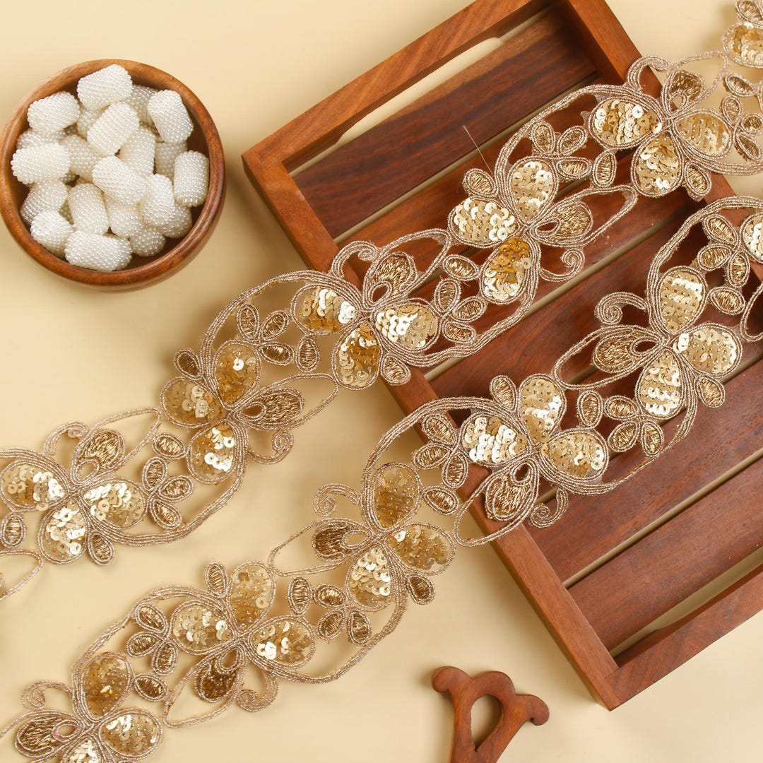 9 Yards- Gold Sequin Trim, Cutwork Trim, Indian Embroidered Trim, Denim ...