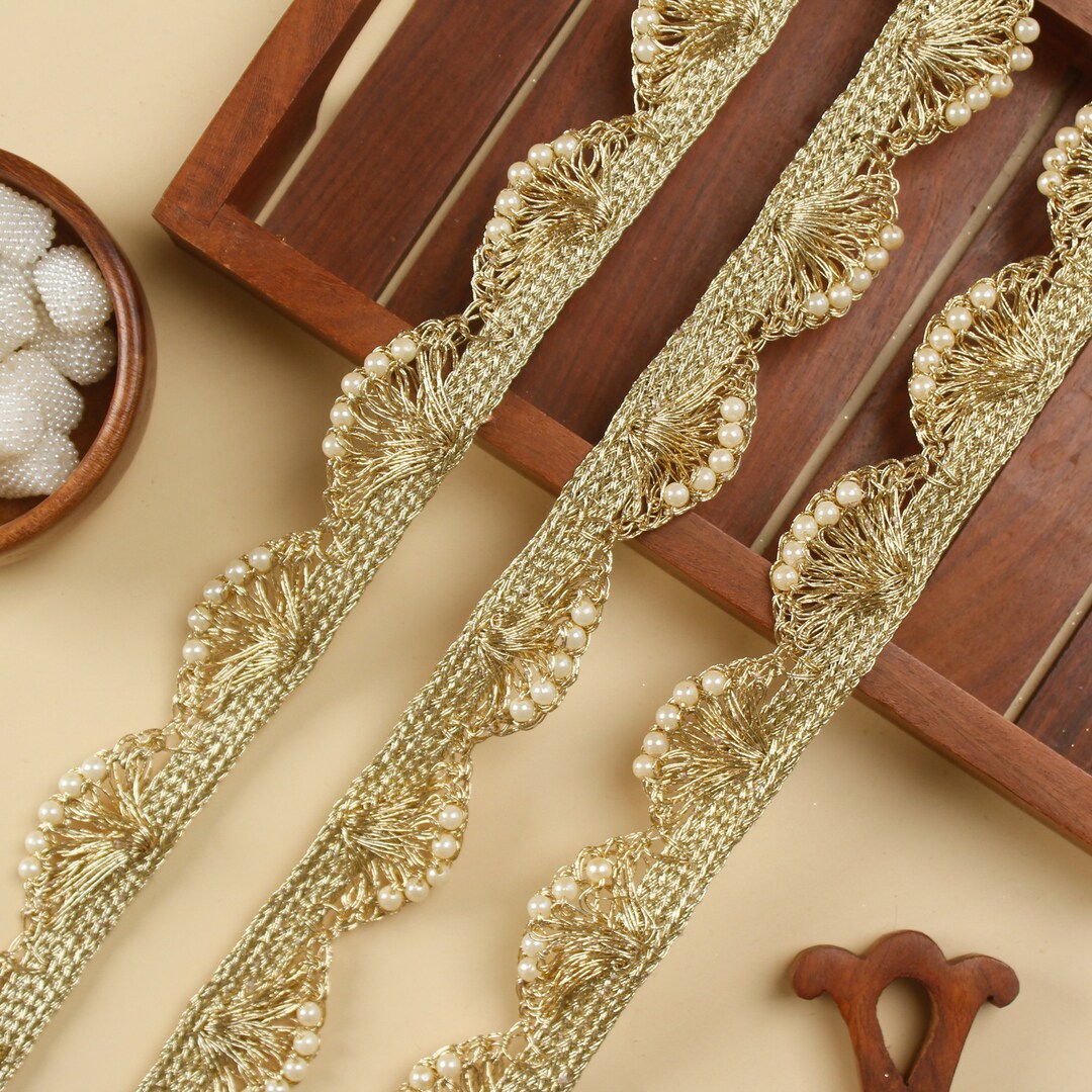 3 Yards- Gold Beaded Trim, Pearl Trim, Indian Decorative Trim, Scallop ...