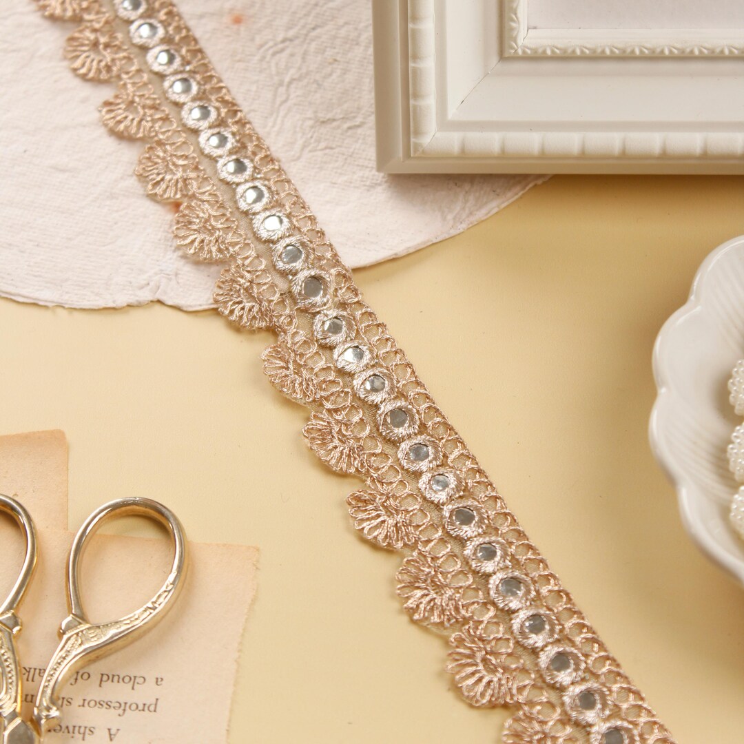 9 Yards Rose Gold Scallop Trim – Indian Embroidered Ribbon With Sequins ...