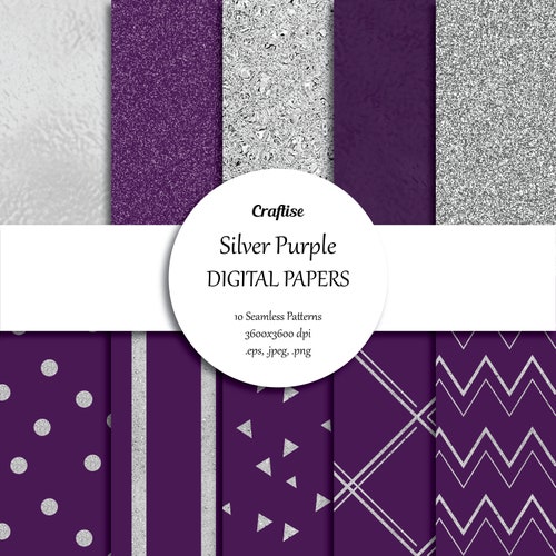 Purple and Silver Floral Digital Paper Silver Glitter and - Etsy