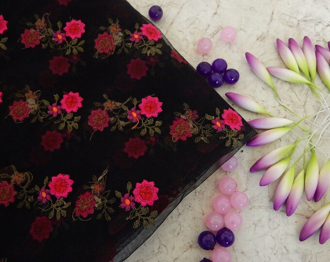 Black Net Fabric, Boho Floral Fabric, Embroidered Net Fabric, Indian ...
