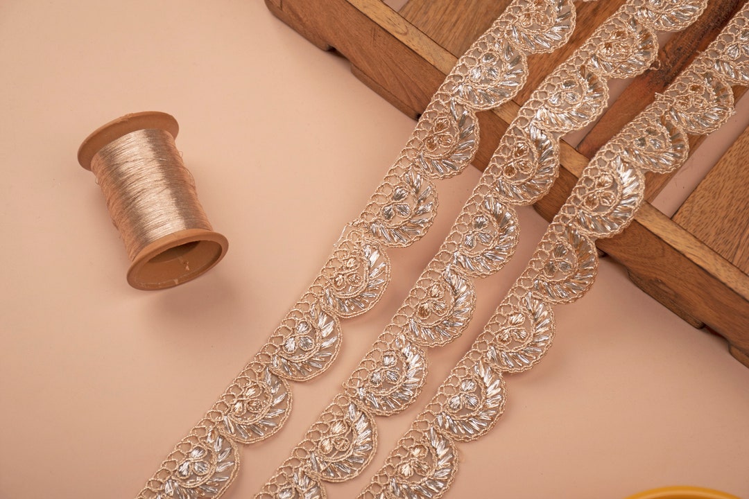 9 Yards Gold and Silver Trim, Embroidered Scallop Trim, Indian Floral Lace, Dupatta Lace, Trim ...