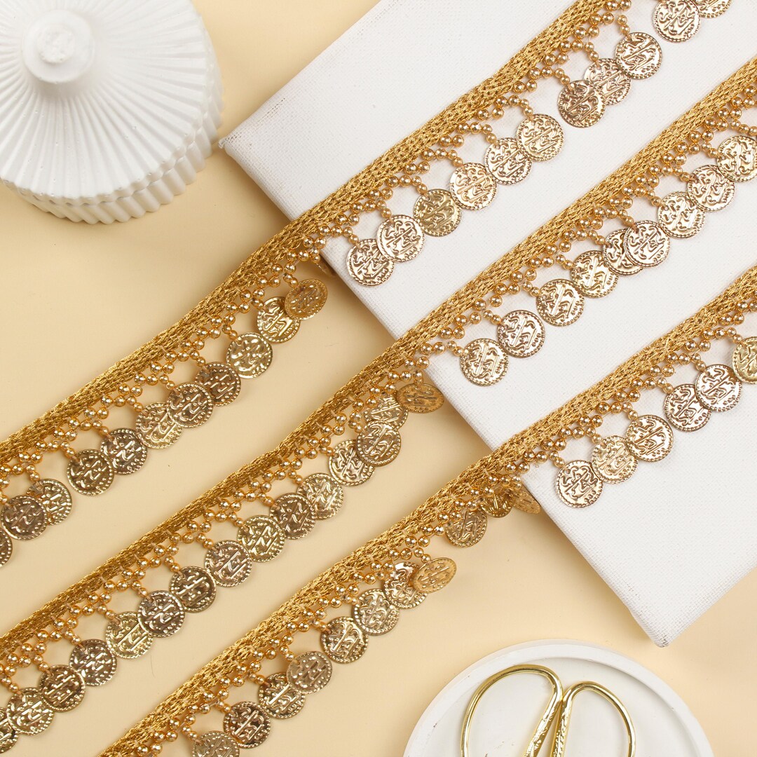 3 Yards- Gold Coin Trim, Indian Beaded Trim, Trim With Metal Charms ...