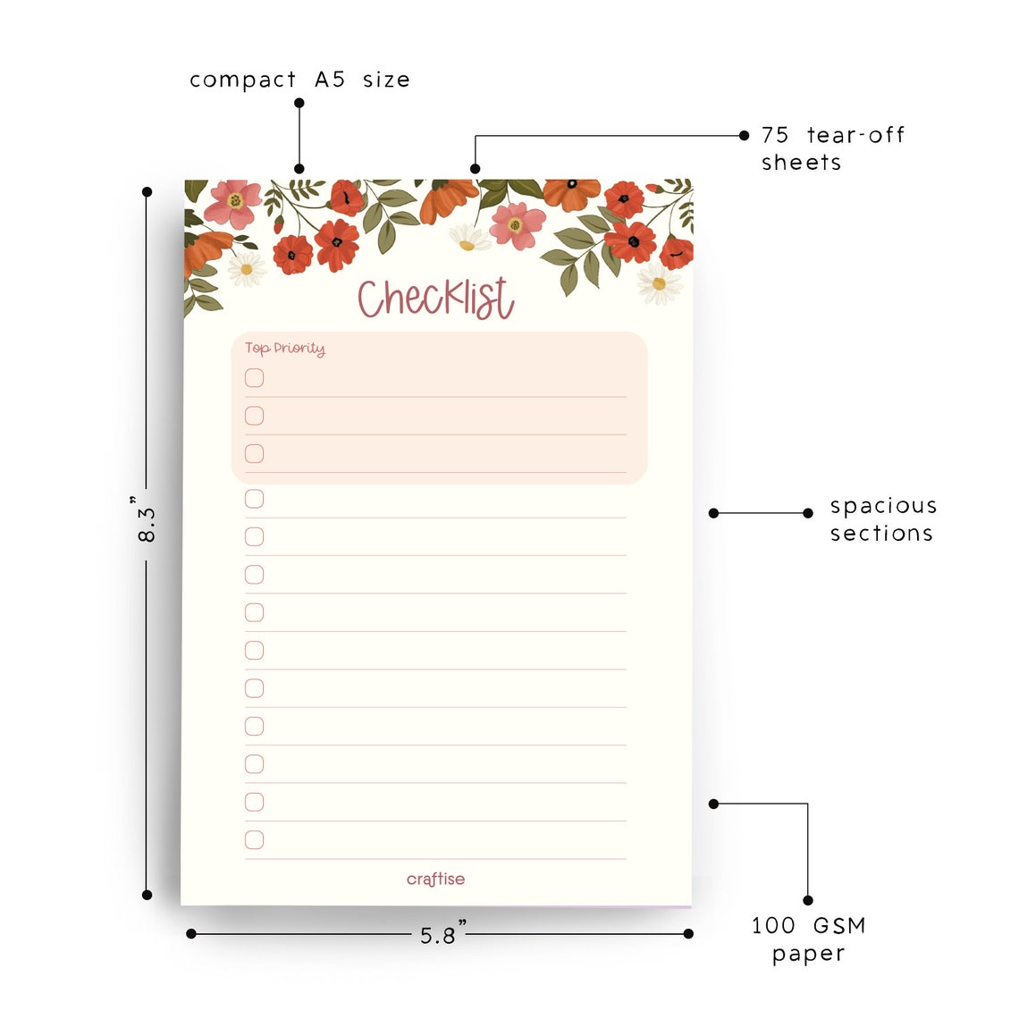 Floral A5 Checklist Notepad, To-do List, 75 Tear off Sheets - Etsy