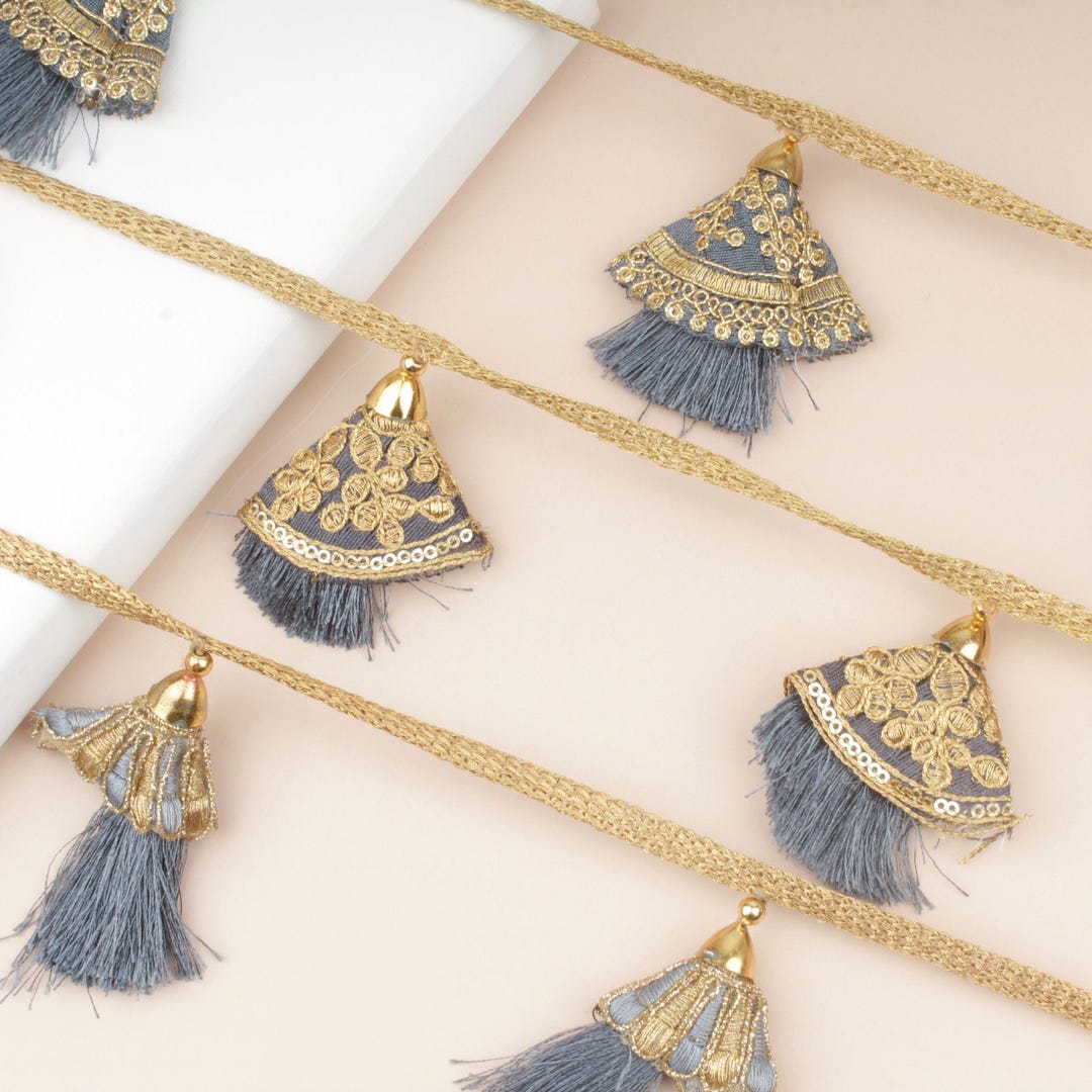 4 Yards- Grey Fringe Trim, Tassel Trim, Embroidered Fringe Lace, Indian ...