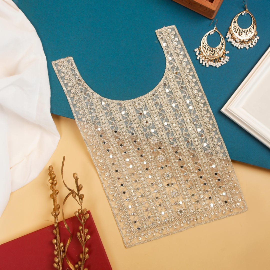 Pale Gold Embroidered Neckline Applique, Indian Mirror Patch, Beaded ...