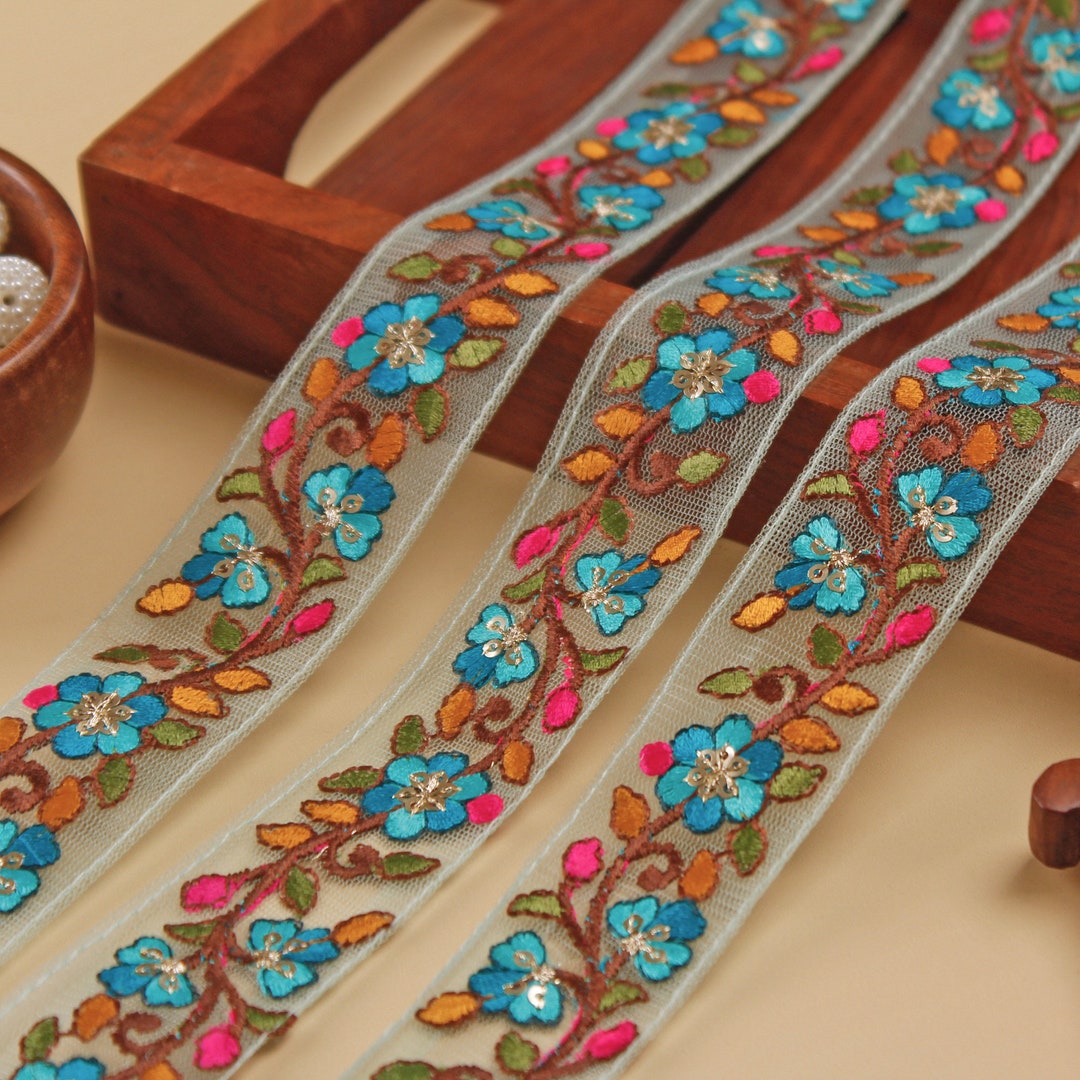 9 Yards Blue Floral Trim Embroidered Net Lace Indian Trim - Etsy