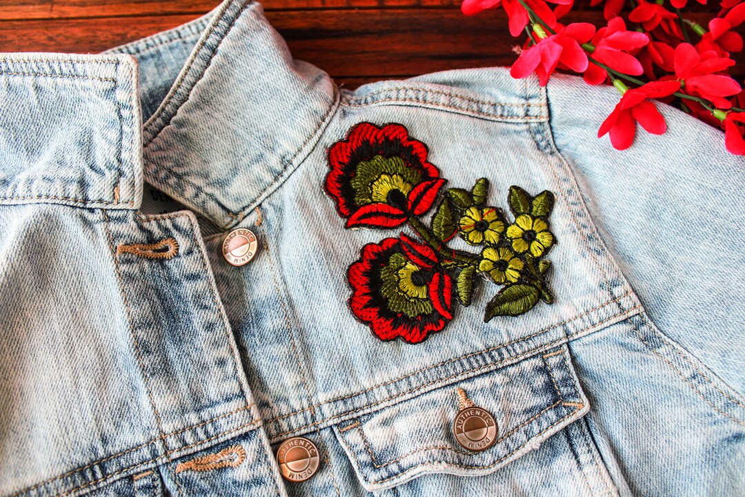 Red Rose Jacket Patch, Embroidered Applique, Sew on Applique, Denim ...