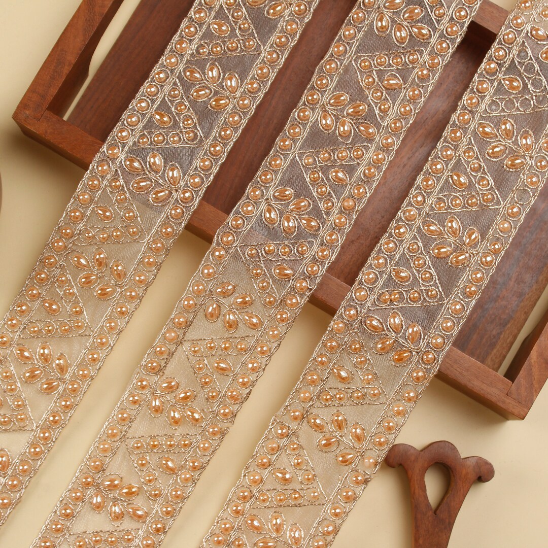 Rose Gold Embroidered Trim – Indian Lace With Pearls, 3 Yards - Etsy