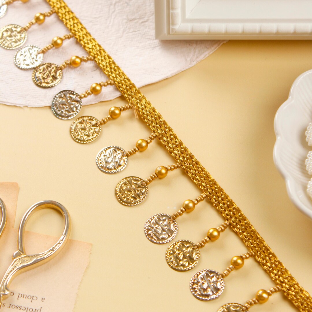 3 Yards- Gold and Silver Coin Trim, Indian Beaded Trim, Trim With Metal ...