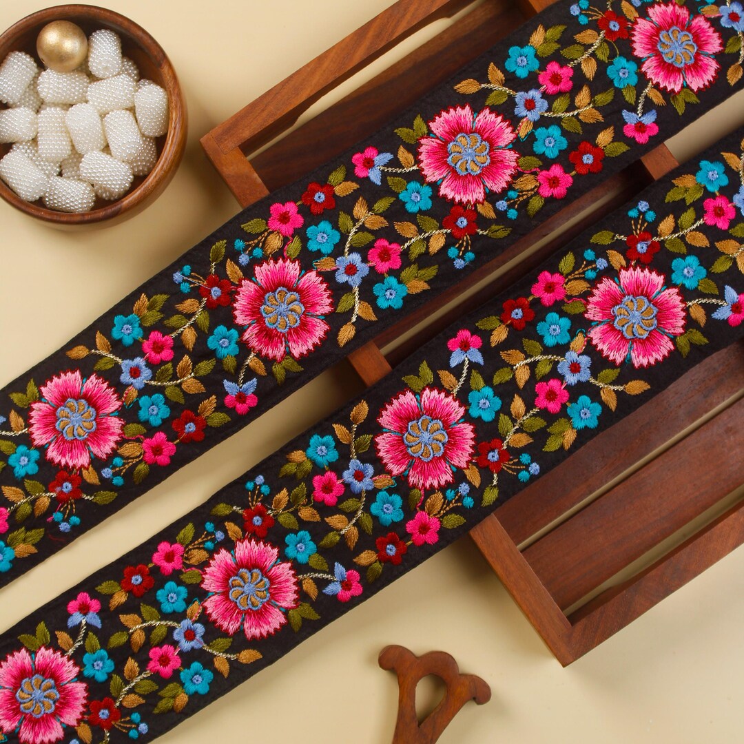 Black Embroidered Floral Trim – Indian Sari Border, 3-inch Wide, 3 ...