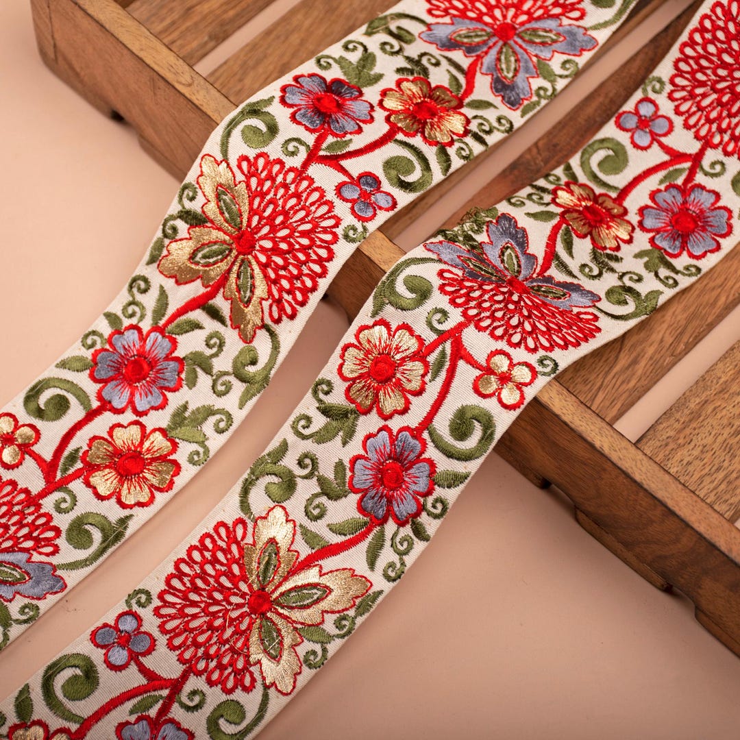 1 Yard- White and Red Floral Trim, Embroidered Lace, Indian Trim by the ...