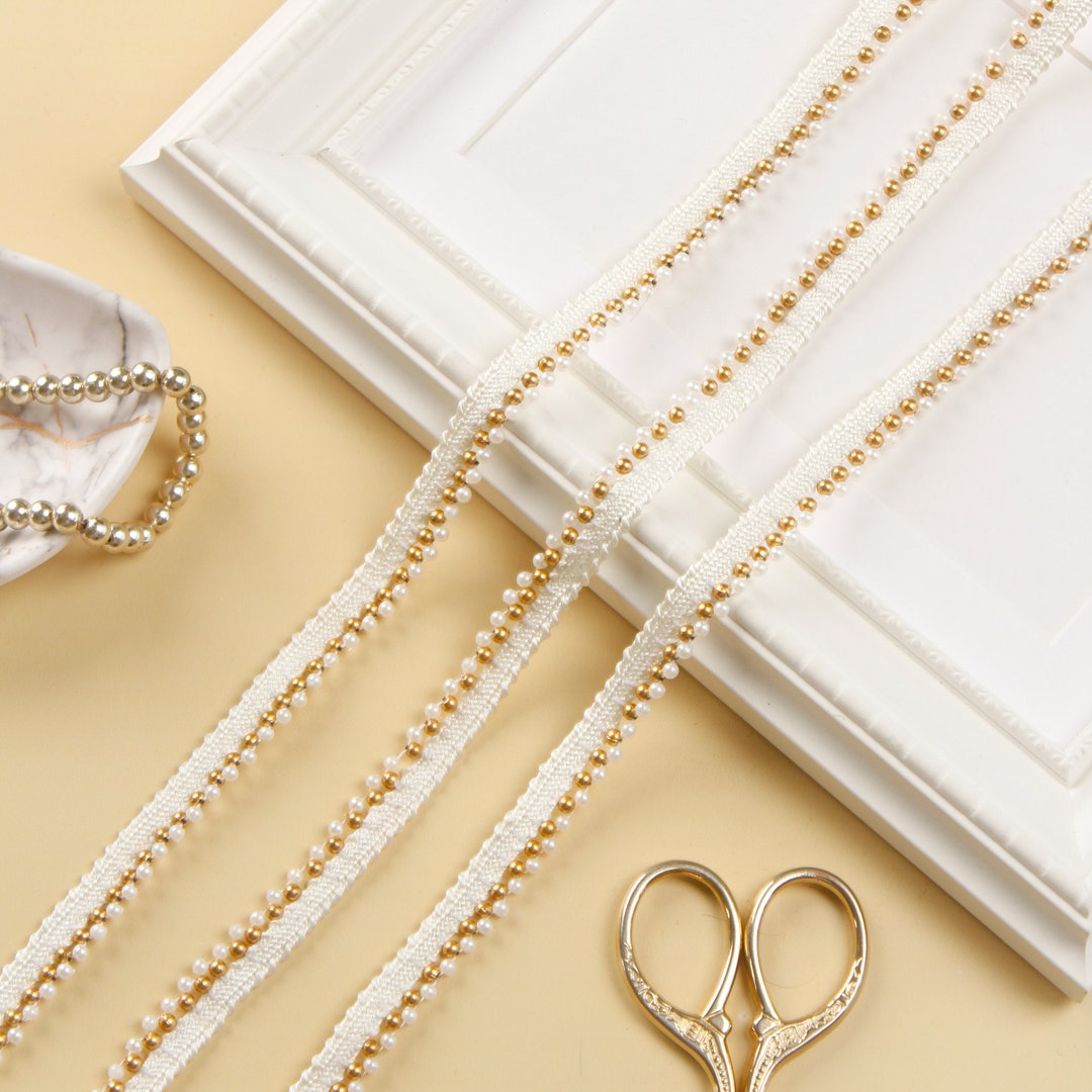 9 Yards Off-white and Gold Trim, Upholstery Trim, Indian Sewing Trim, Beaded Ribbon, Trim for ...