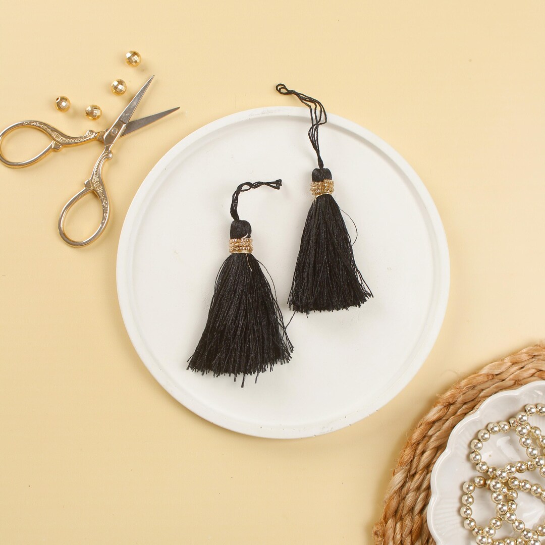 Set of 2- Black Silky Tassels, Art Silk Thread Tassels, Jewelry Tassels ...