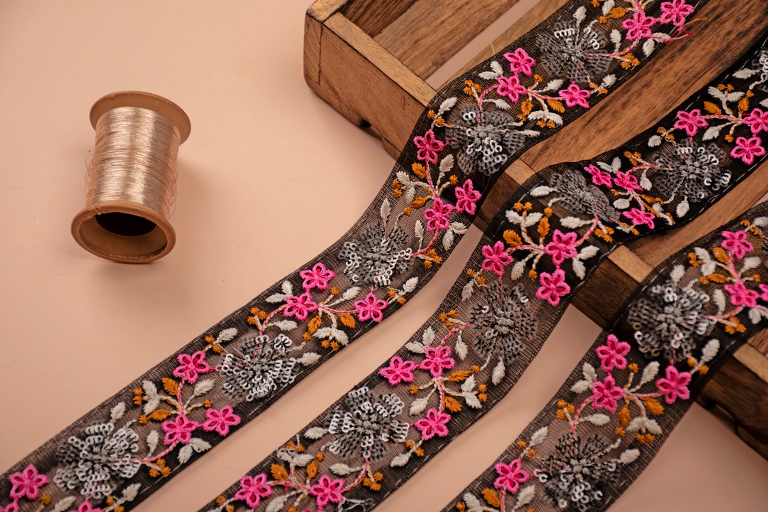 9 Yards Black and Pink Floral Trim Embroidered Net Trim - Etsy