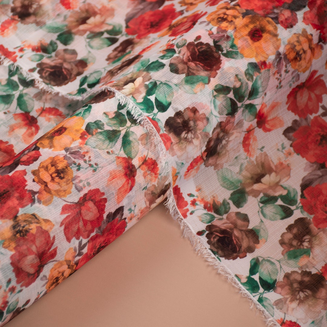 1 Yard of White Floral Fabric, Summer Dress Fabric, Sheer Chiffon ...