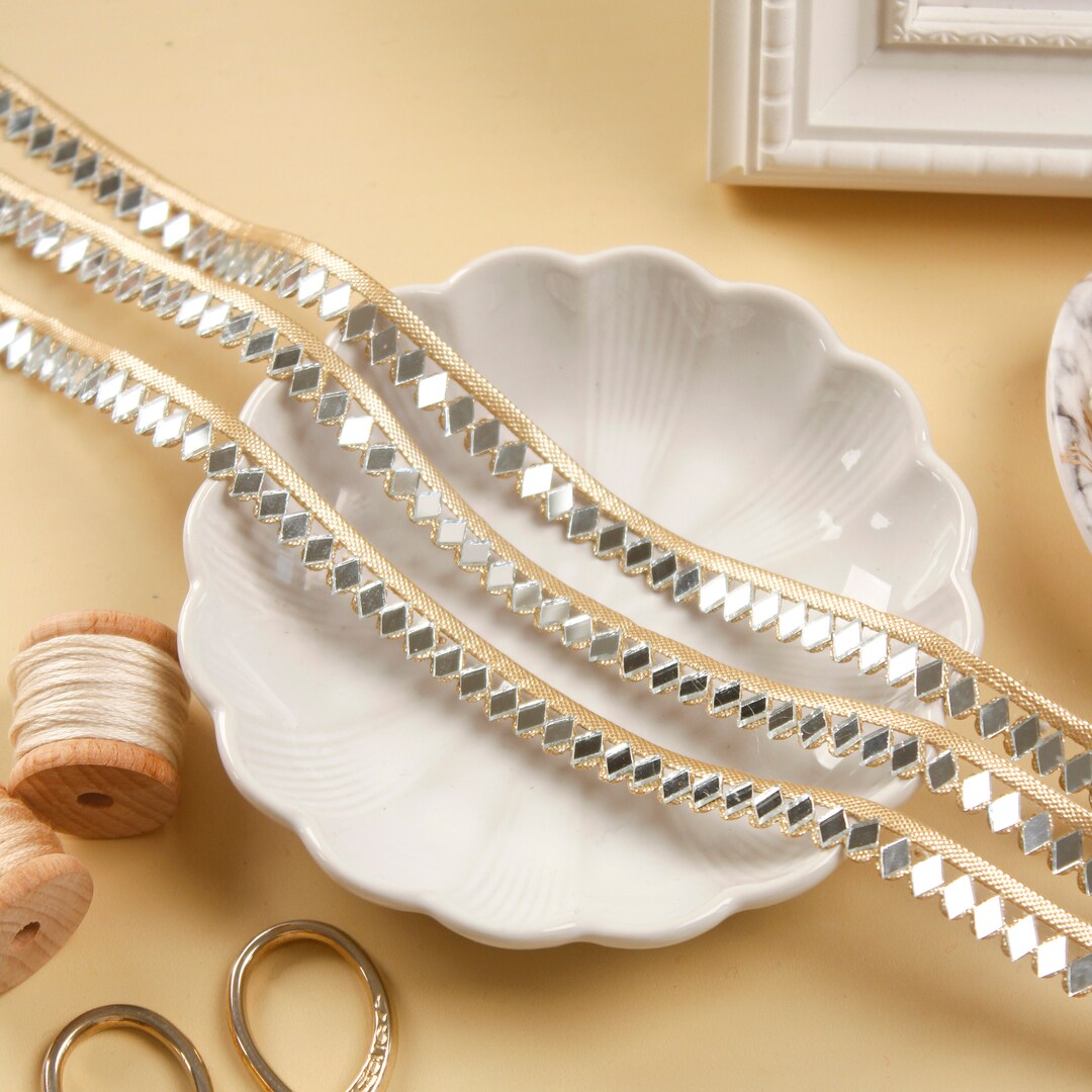 9 Yards Gold Mirror Fringe, Indian Sewing Trim, Beaded Ribbon, Piping Cord, Dupatta Lace ...