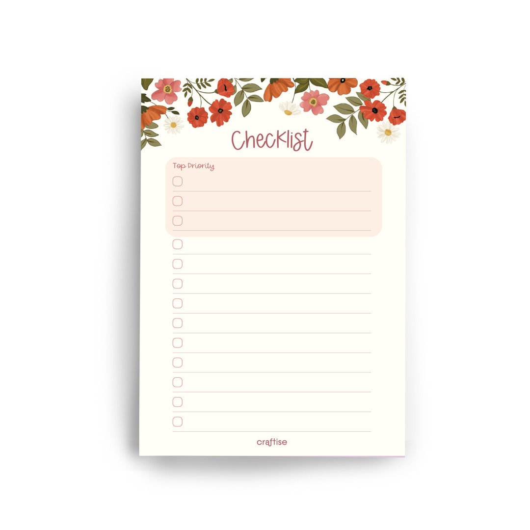 Floral Checklist Notepad, To-do List, Market List, A5 Notepad, 75 ...