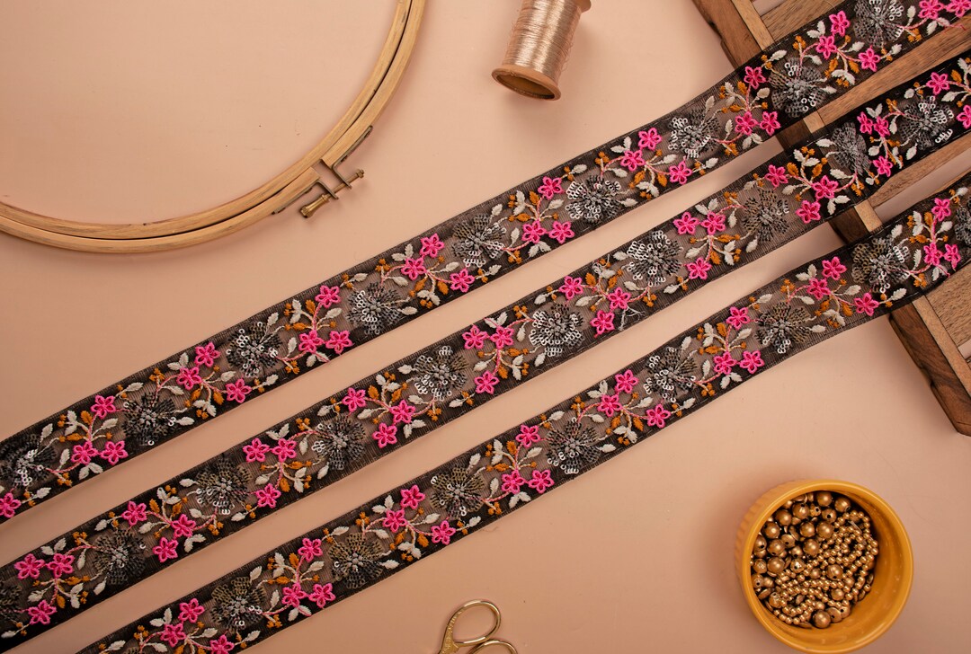 Black and Pink Floral Trim, Embroidered Net Trim, Indian Decorative ...