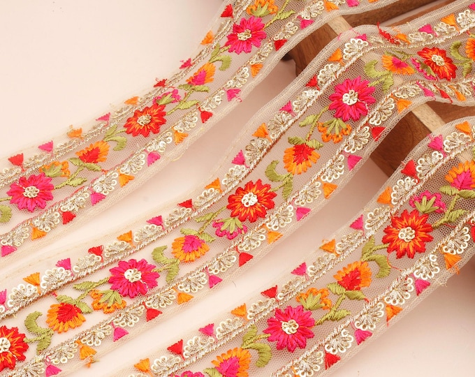 2 Yards- Gold and Pink Trim, Indian Trim, Dupatta Lace, Embroidered ...