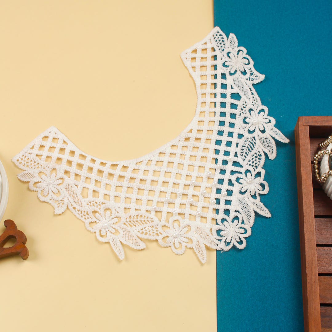 White Crochet Neckline, Indian Applique, Costume Patch, Embroidered ...