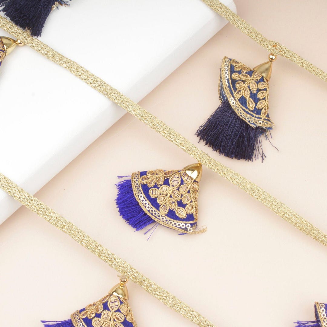 4 Yards- Embroidered Tassel Trim, Fringe Trim, Blue Fringe Lace, Indian ...