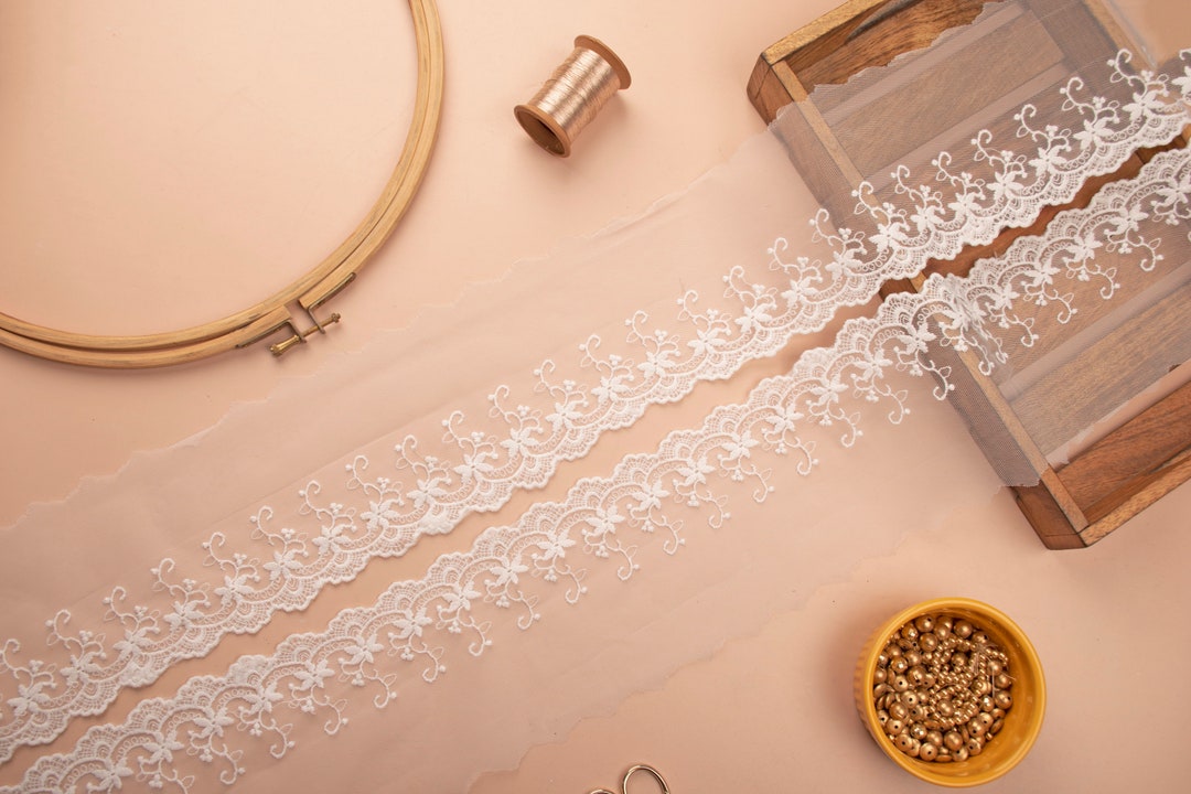 White Scalloped Trim, Floral Net Lace, Indian Trim, Wedding Dress Lace ...