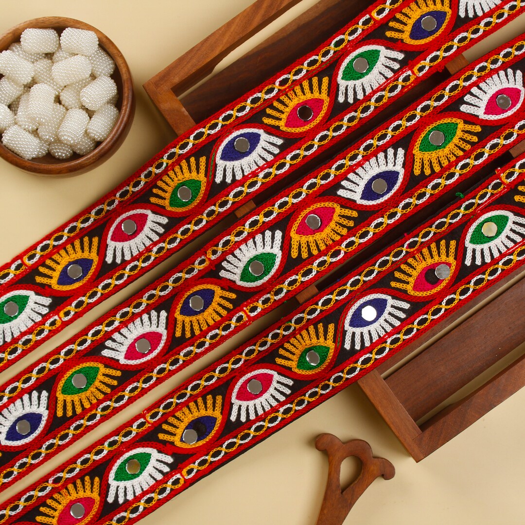 3 Yards- Embroidered Eye Trim, Black Kutchi Trim, Mirror Work Lace ...