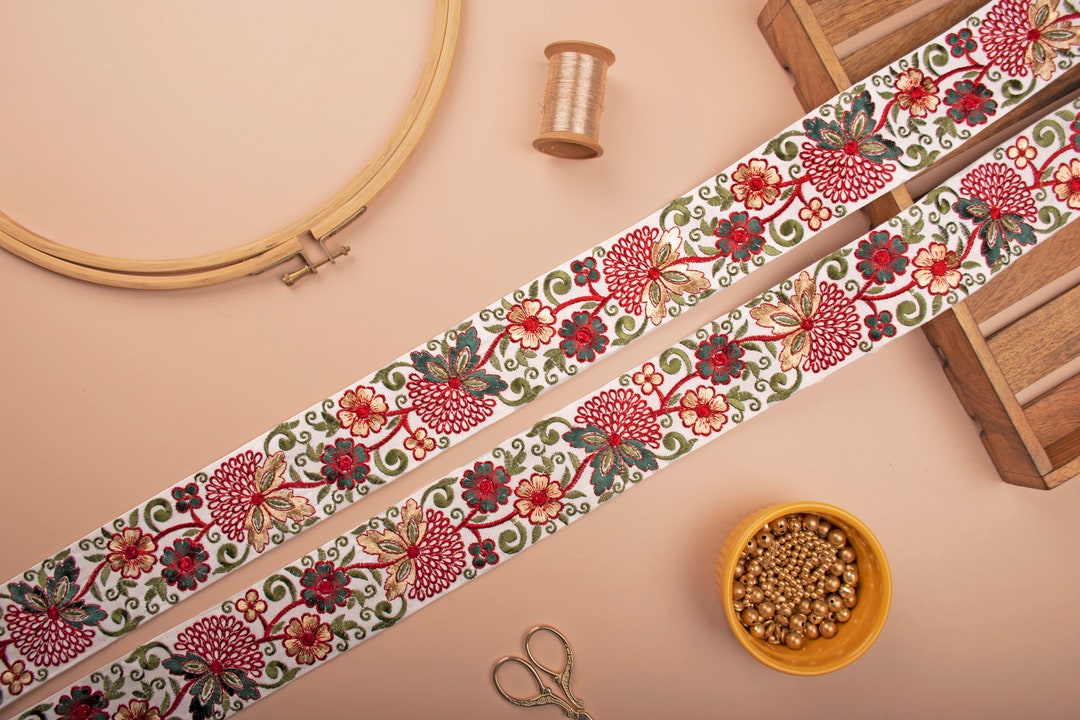 White and Gold Floral Trim Embroidered Lace Indian Trim by - Etsy