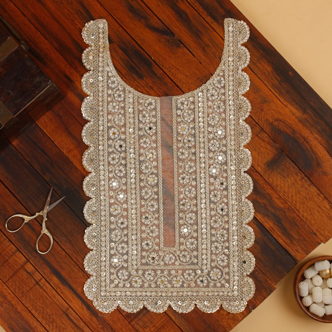 Pale Gold Embroidered Neckline Applique, Mirror & Pearl Patch - Etsy