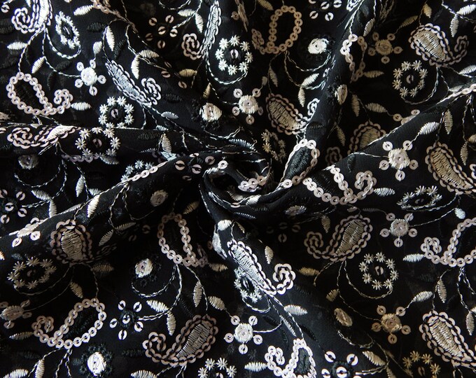 Half Yard - Black Embroidered Fabric, Chiffon Fabric, Indian ...