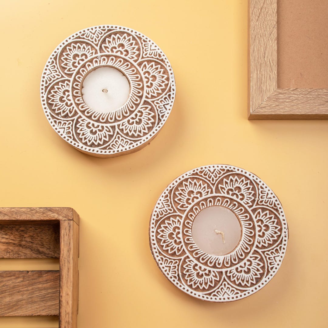 Set of 5 Handcarved Tealight Holder, Floral Block Stamp, Diwali Decor ...