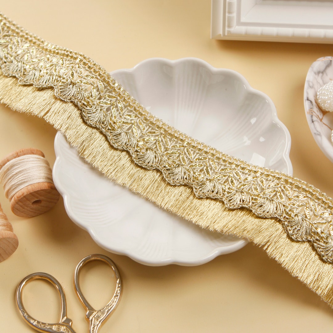 3 Yards- Pale Gold Fringe Trim, Tassel Trim, Eyelash Trim, Metallic ...