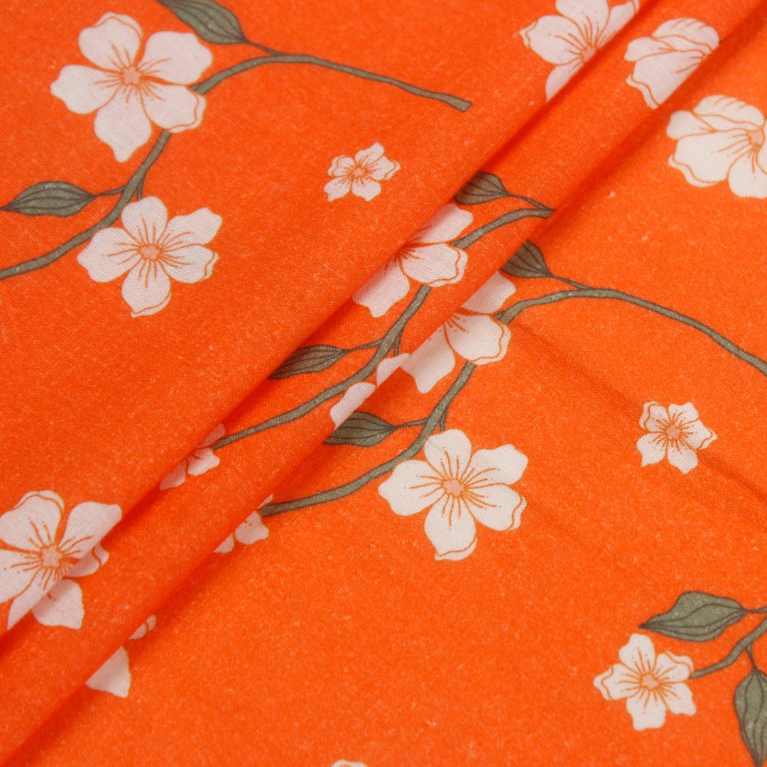 1 Yard- Orange Floral Fabric, Indian Cotton, Cotton Dress Fabric ...