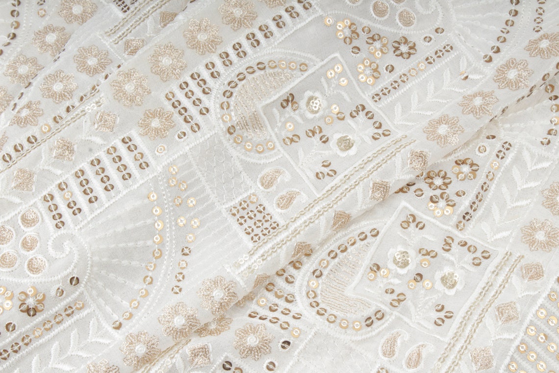 White and Gold Embroidered Fabric Patchwork Pattern Fabric - Etsy