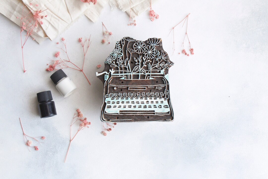 Typewriter Stamp, Gift for Writers, Wooden Block Stamp, Floral Stamp ...