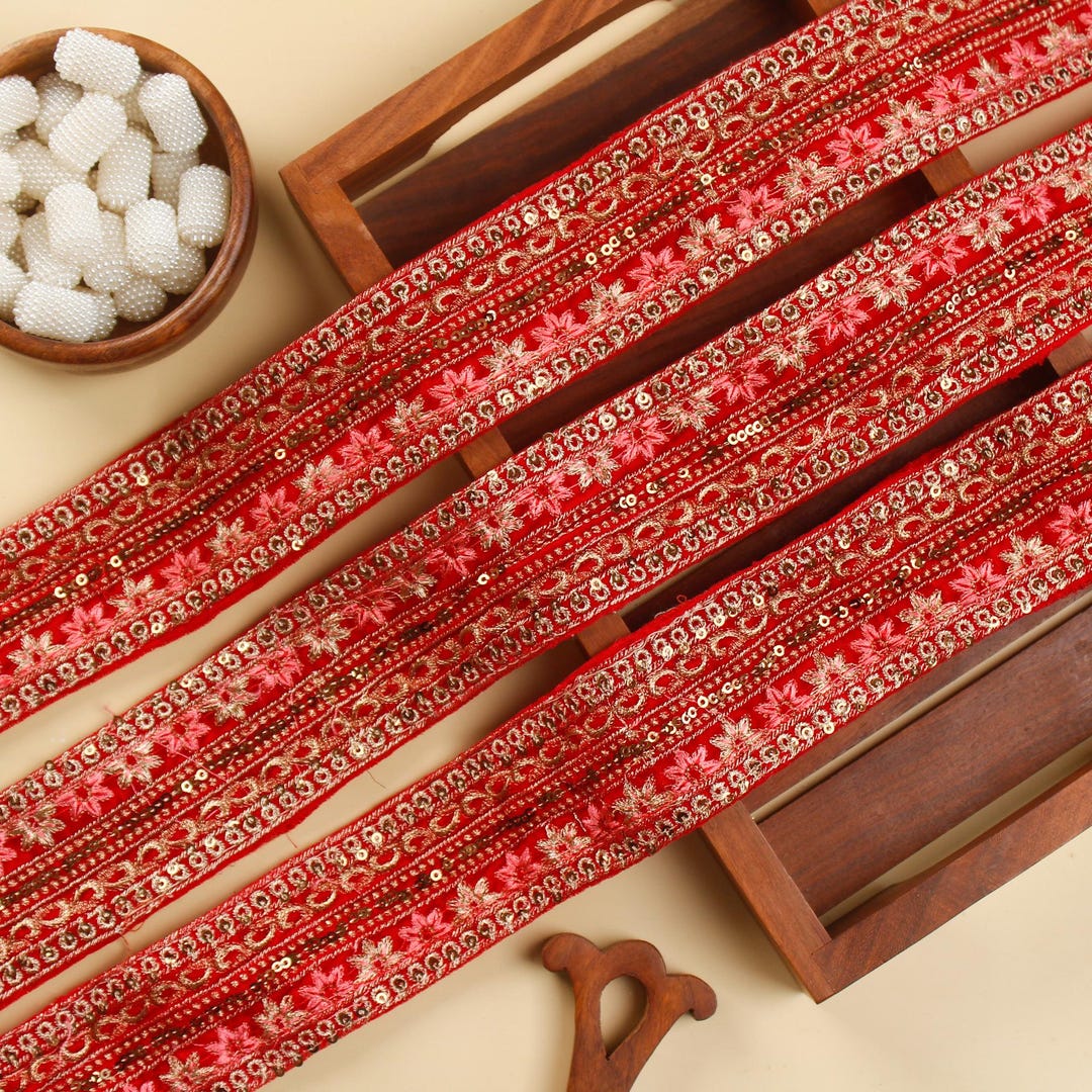 3 Yards- Red Velvet Trim, Upholstery Lace, Indian Decorative Trim ...