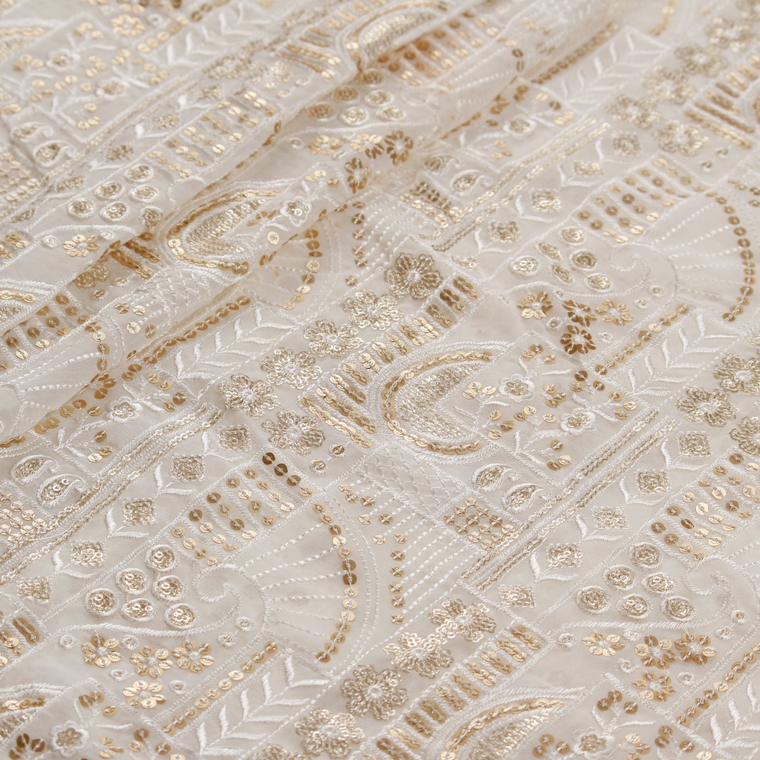 White and Gold Embroidered Fabric, Patchwork Pattern Fabric, Indian ...