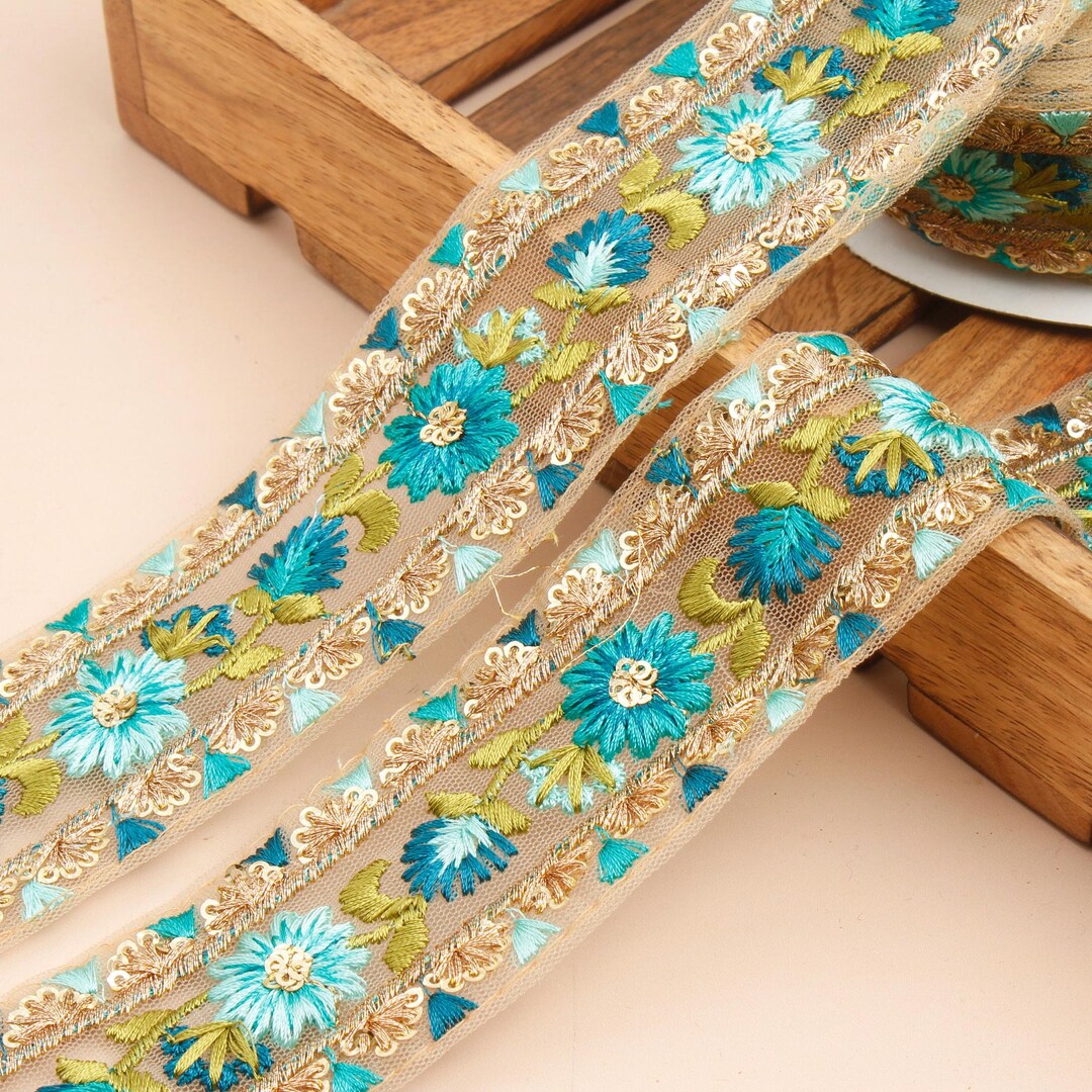 Gold Embroidered Floral Sequin Trim – Indian Dupatta Lace, 2 Yards - Etsy