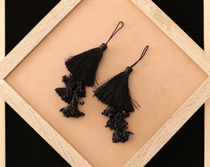 Black Beaded Tassels, Bugle Bead Tassels, Black Silky Tassels, Tassel ...