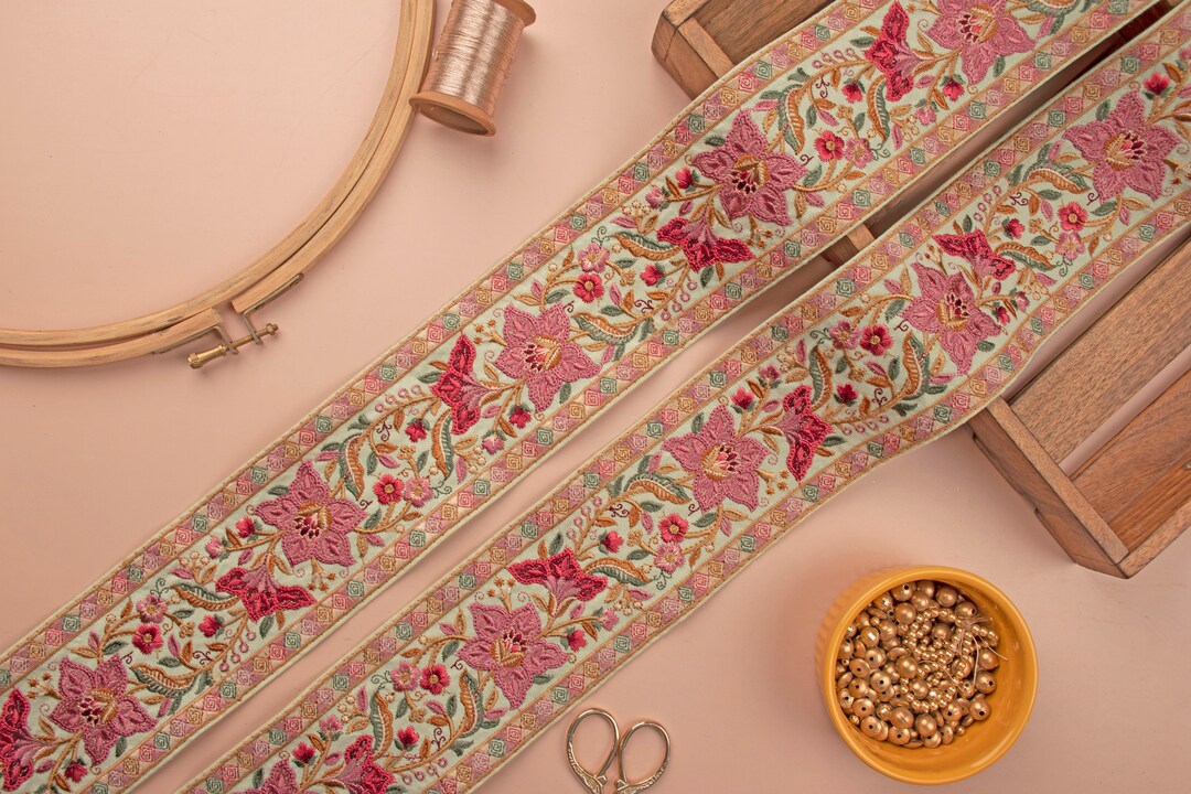 Mint Green and Mauve Floral Trim, Embroidered Lace, Costume Trim ...