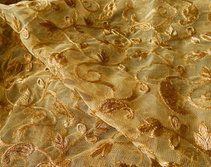 Half Yard - Gold Embroidered Fabric, Net Fabric, Indian Embroidered ...
