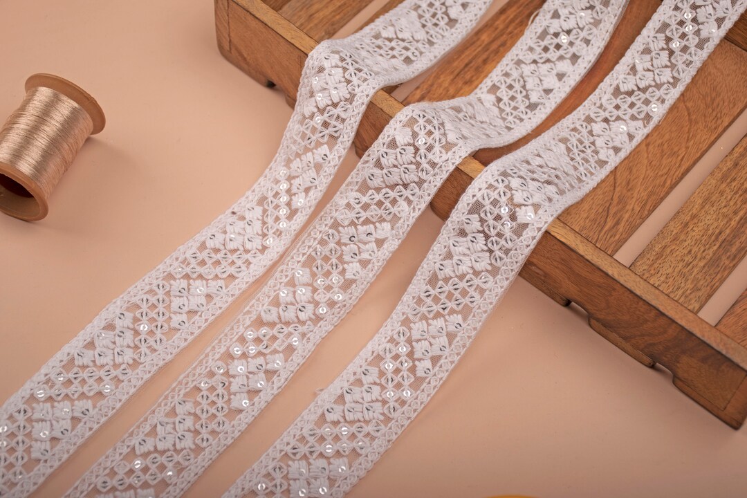 9 Yards White Chikankari Trim, Embroidered Net Trim, Costume Trim ...
