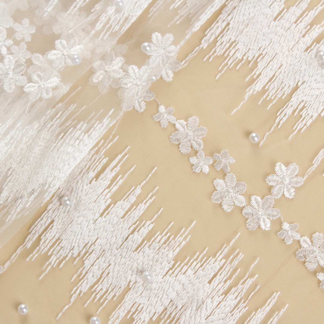 1 Yard White Beaded Lace Fabric – Floral Embroidered Net With Pearls ...