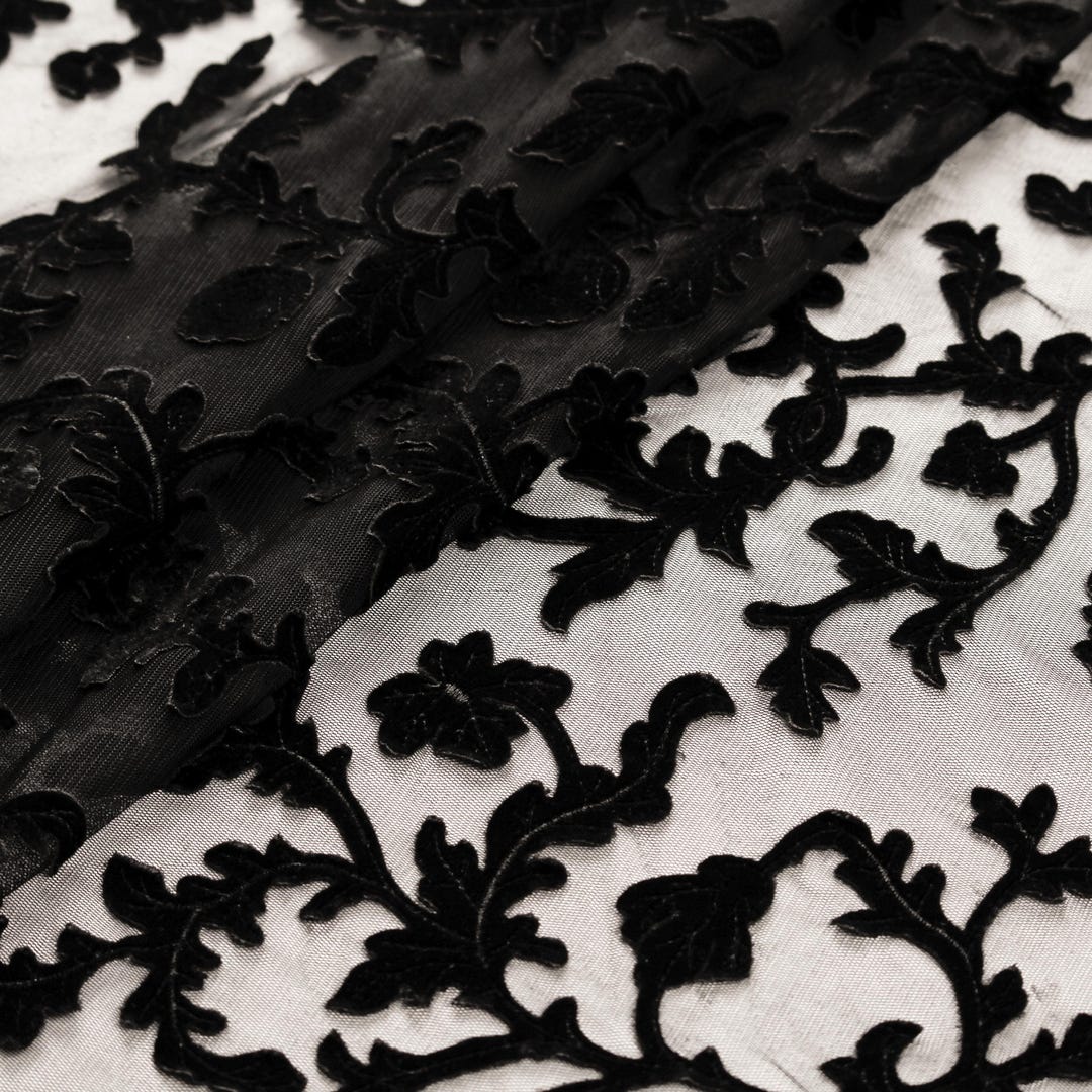 1 Yard- Black Net Fabric, Applique Fabric, Embroidered Lace, Indian ...