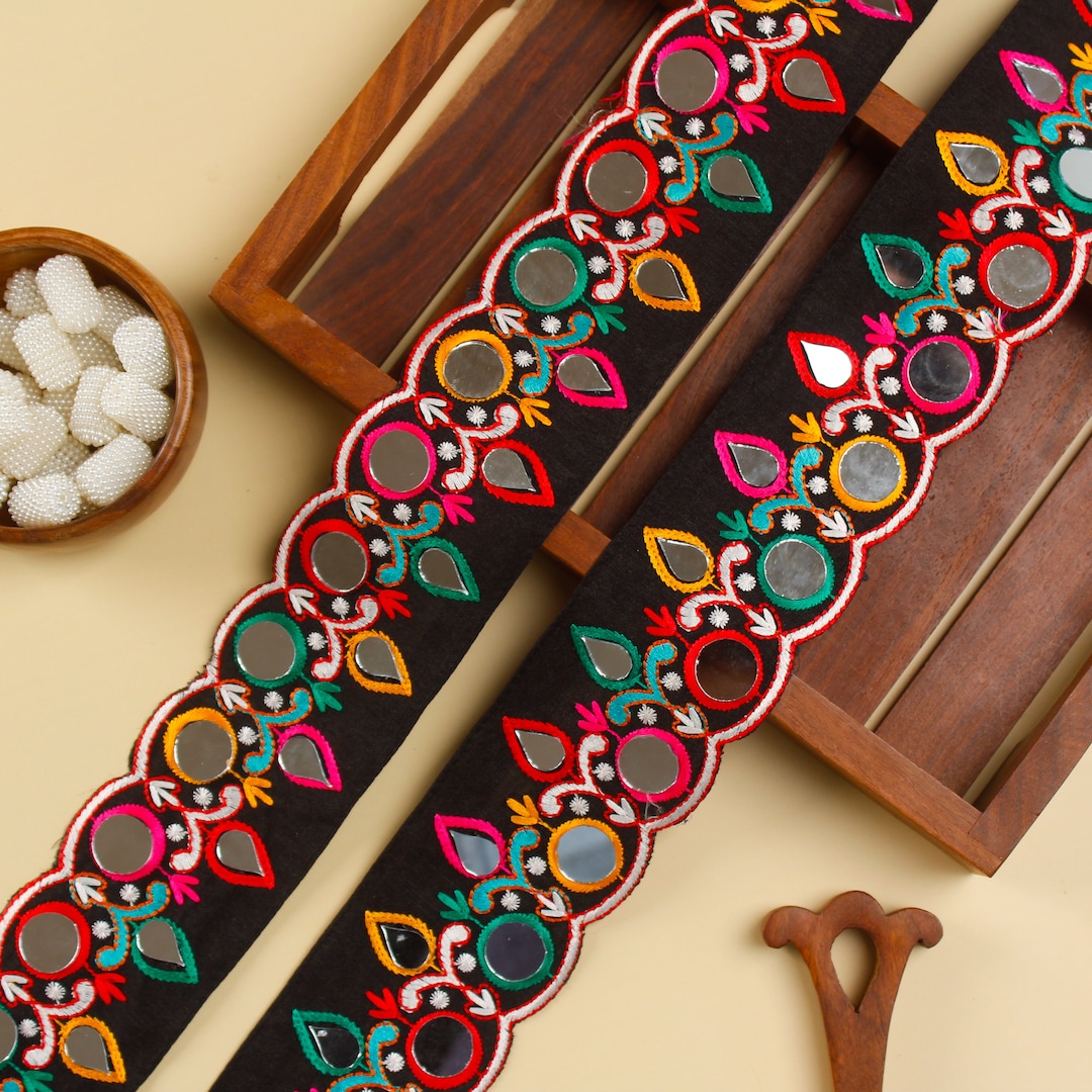 Black Kutchi Trim, Mirror Work Trim, Indian Trim by the Yard, Dupatta ...