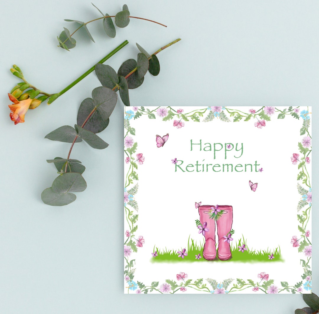 Personalized Retirement Card: Floral Welly Boots, Hand-drawn - Etsy