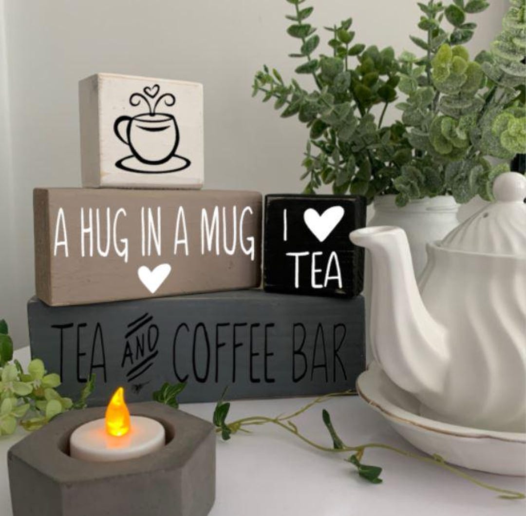 Coffee Block Wooden Signs, Kitchen Decor, Tea and Coffee Bar, Hug in A ...